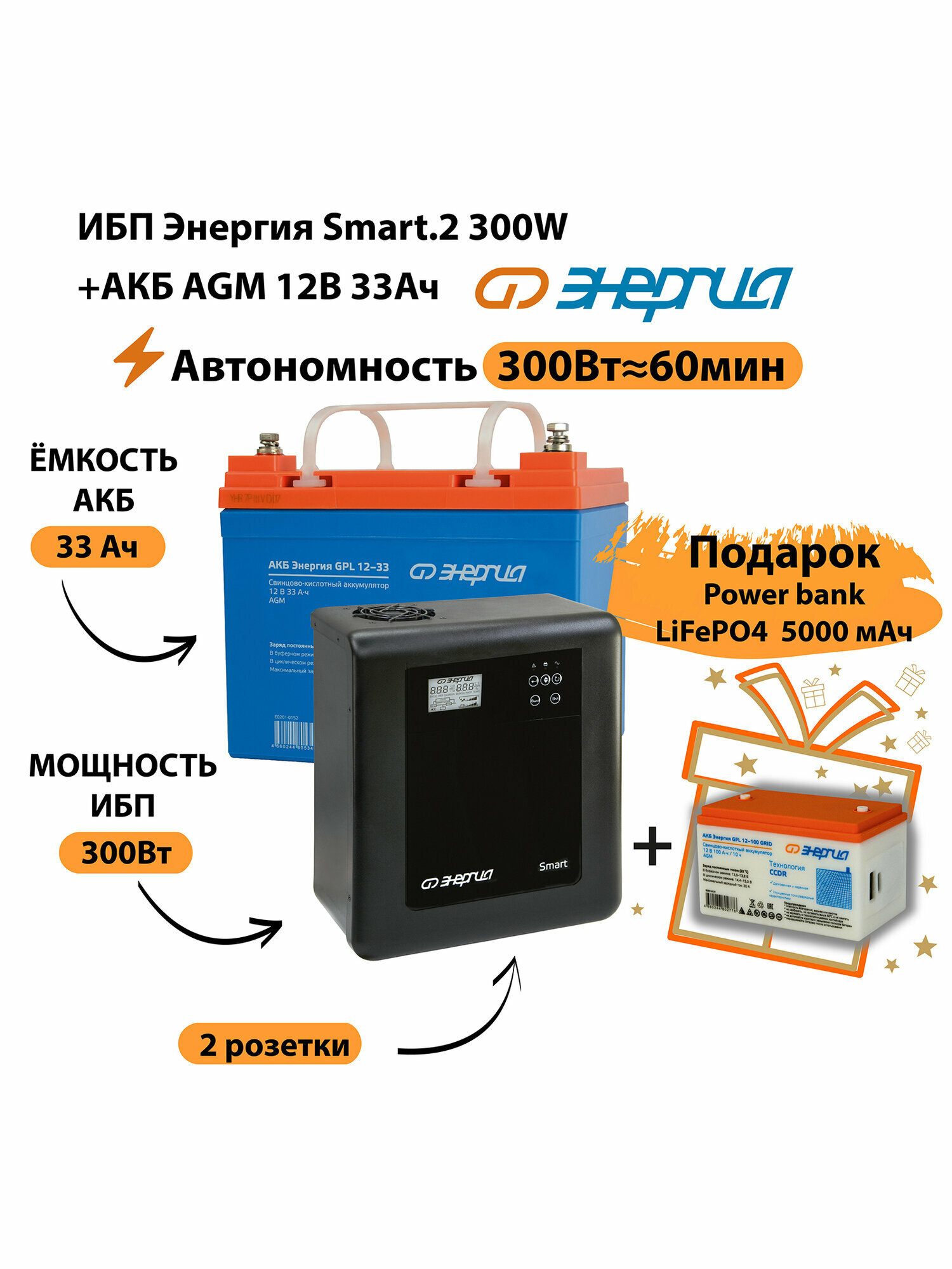 ИБП для котла Энергия Smart 2 300 Вт + Аккумулятор 33 Ач 12 В (300Вт - 60мин)