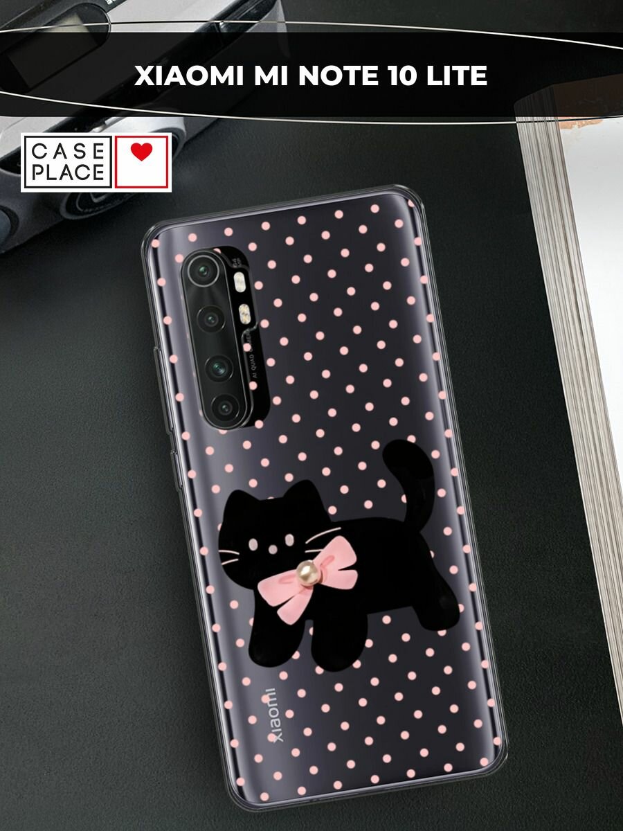 Чехол на Xiaomi Mi Note 10 lite / Сяоми Ми Нот 10 лайт с принтом Черный котик с бантом, прозрачный