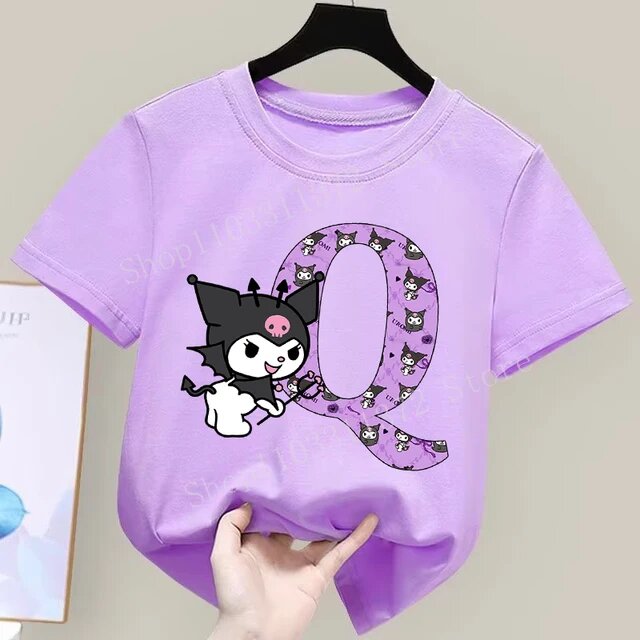 Детская футболка Sanrio Kuromi с милым мультяшным принтом в виде букв AZ и аниме, модная одежда для девочек, топы из хлопка с короткими рукавами для малышей, Размер:140