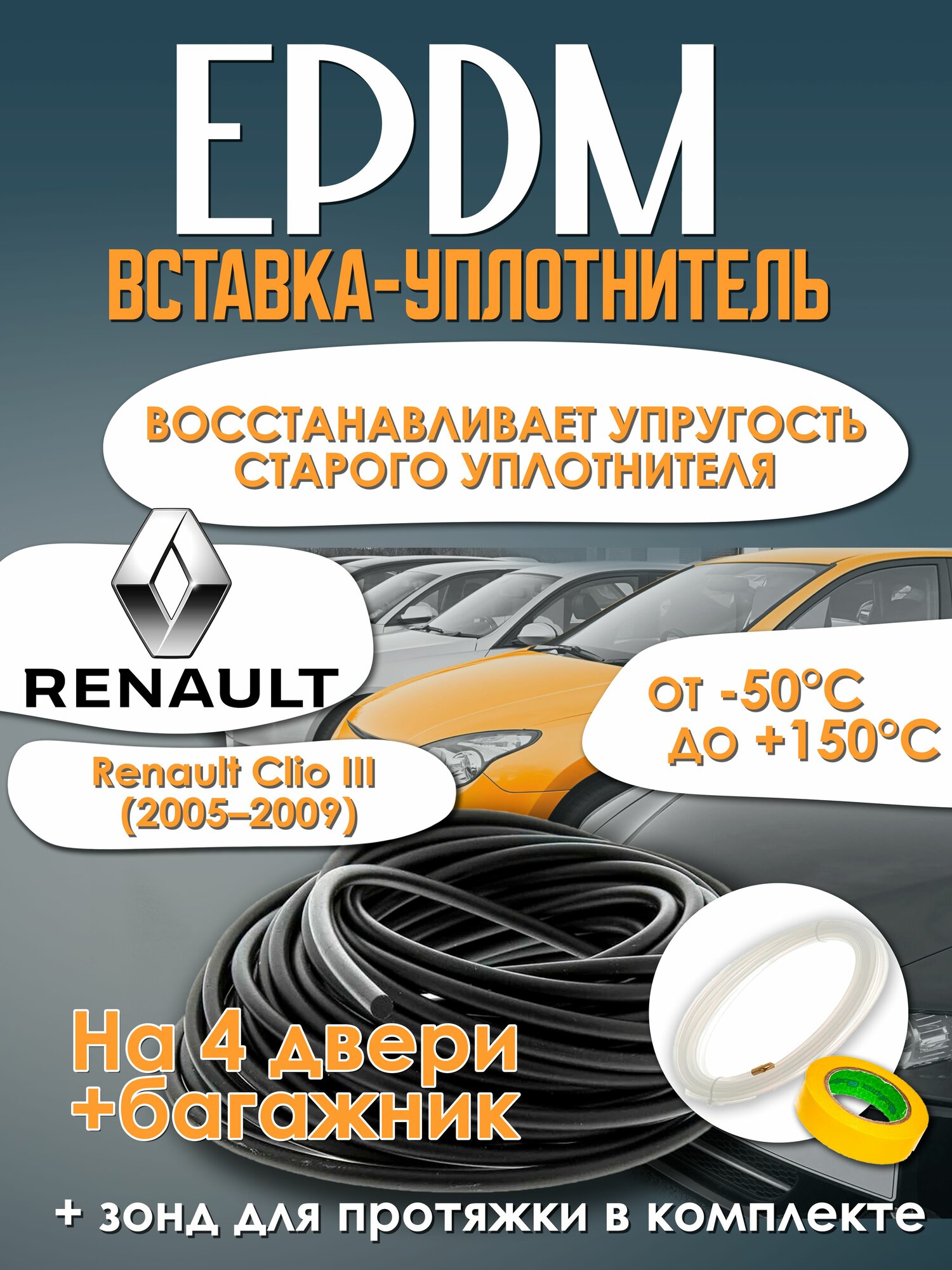 EPDM вставка-уплотнитель для дверей автомобиля Renault Clio III (2005-2009) / Рено Клио 3 поколение
