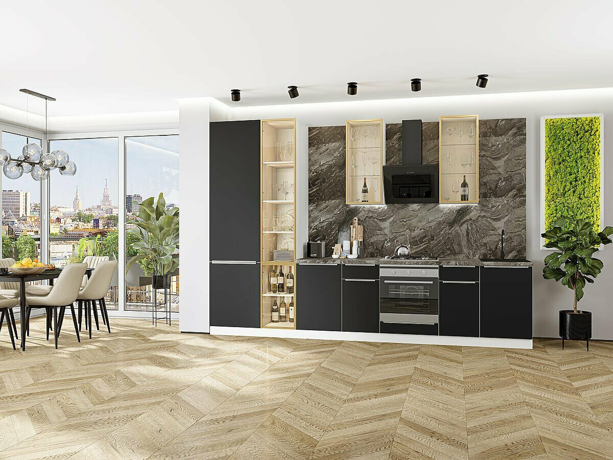 Кухонный гарнитур 3,4 м Мебель-МСК Фьюжн-08 Stormy Silk, полки стекло 234х340х60 см