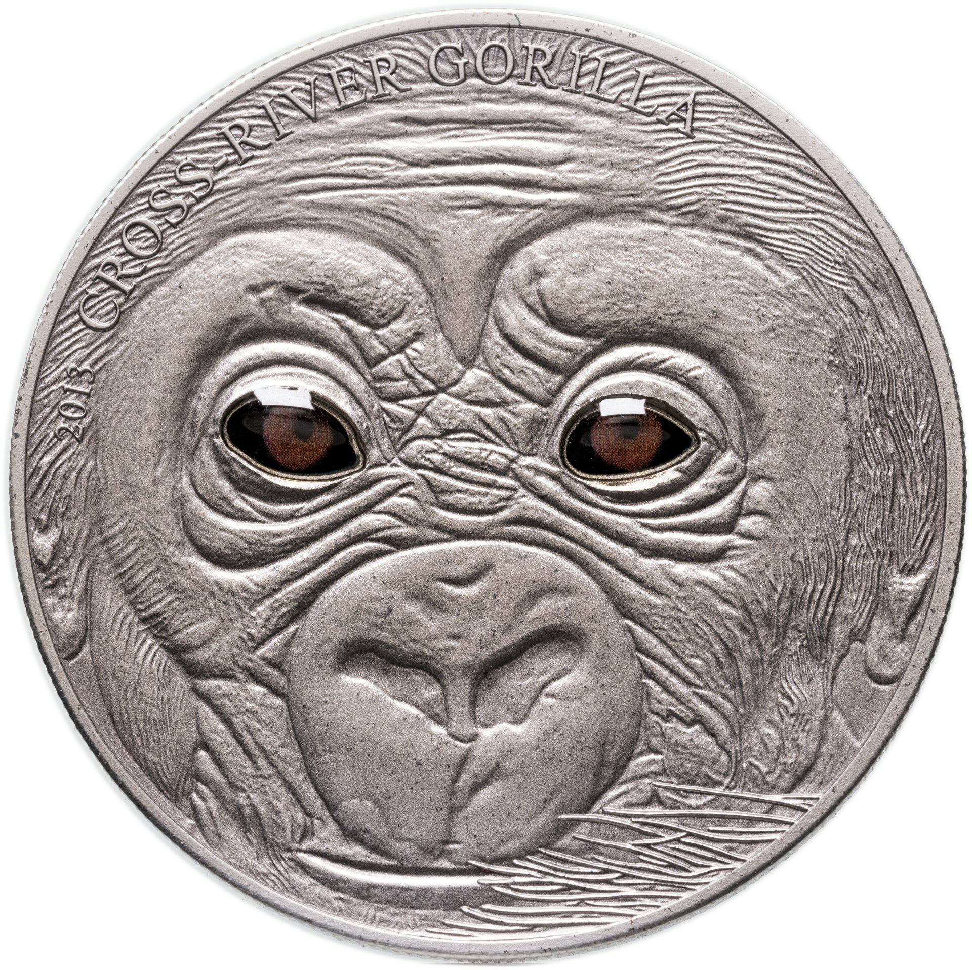 Камерун 1000 франков 2013 "Горилла Кросс-Ривер глаза", в футляре с сертификатом, Серебро 999, в сохранности UNC