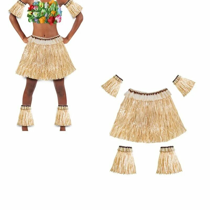 Гавайский костюм с юбкой из травы, эластичный чехол для рук и ног (соломенного цвета)