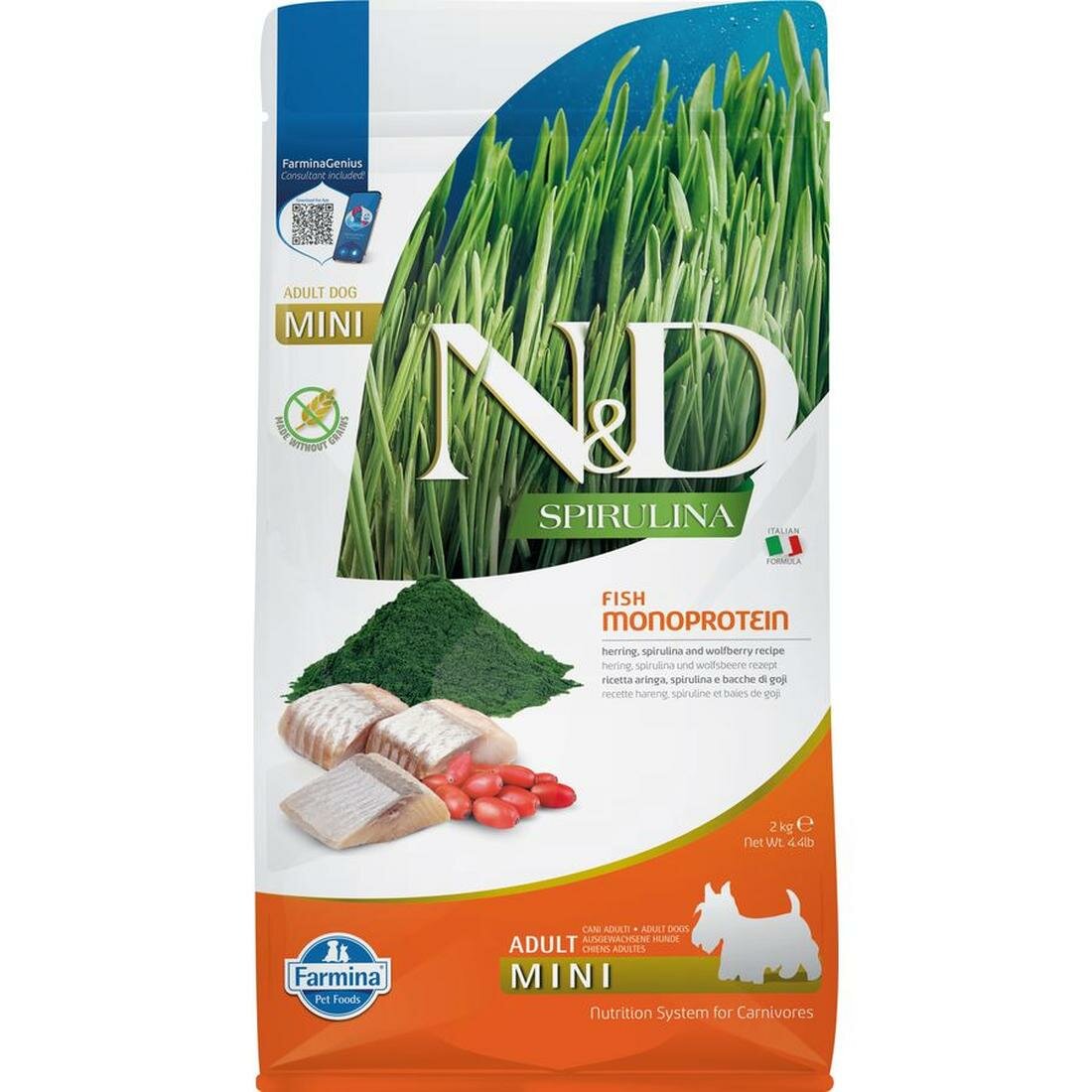 Farmina ND Spirulina Adult для собак мелких пород, с селедью и ягодами годжи 2 кг