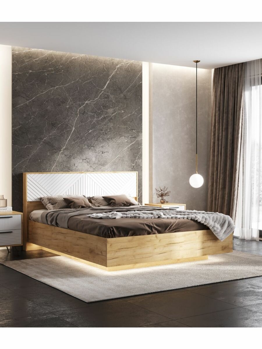 Кровать двуспальная парящая Флэш 1,6 1708х1000х2101 Дуб крафт/Браш Вайт, с подъемным механизмом и подсветкой, МИФ