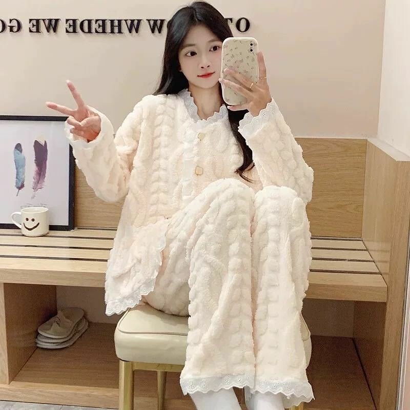 Пижамы из кораллового флиса для женщин, осень и зима, новый корейский стиль, сладкий маленький стиль Шанель, кружевная отделка, утолщенный теплый домашний комплект