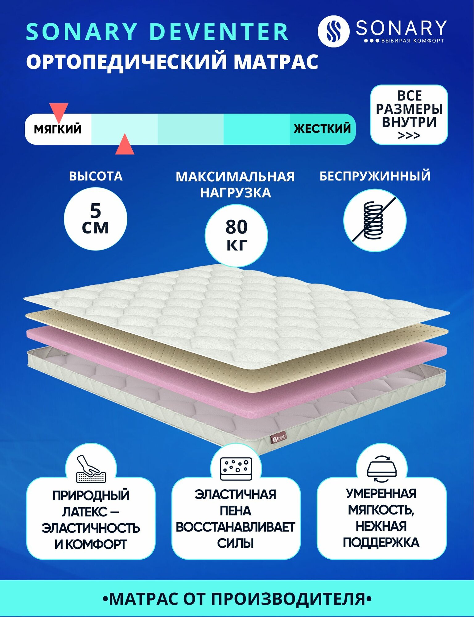 Матрас Sonary Deventer 70х185 серии Foam высота 5 см анатомический средней жесткости мягкий латексный Беспружинный