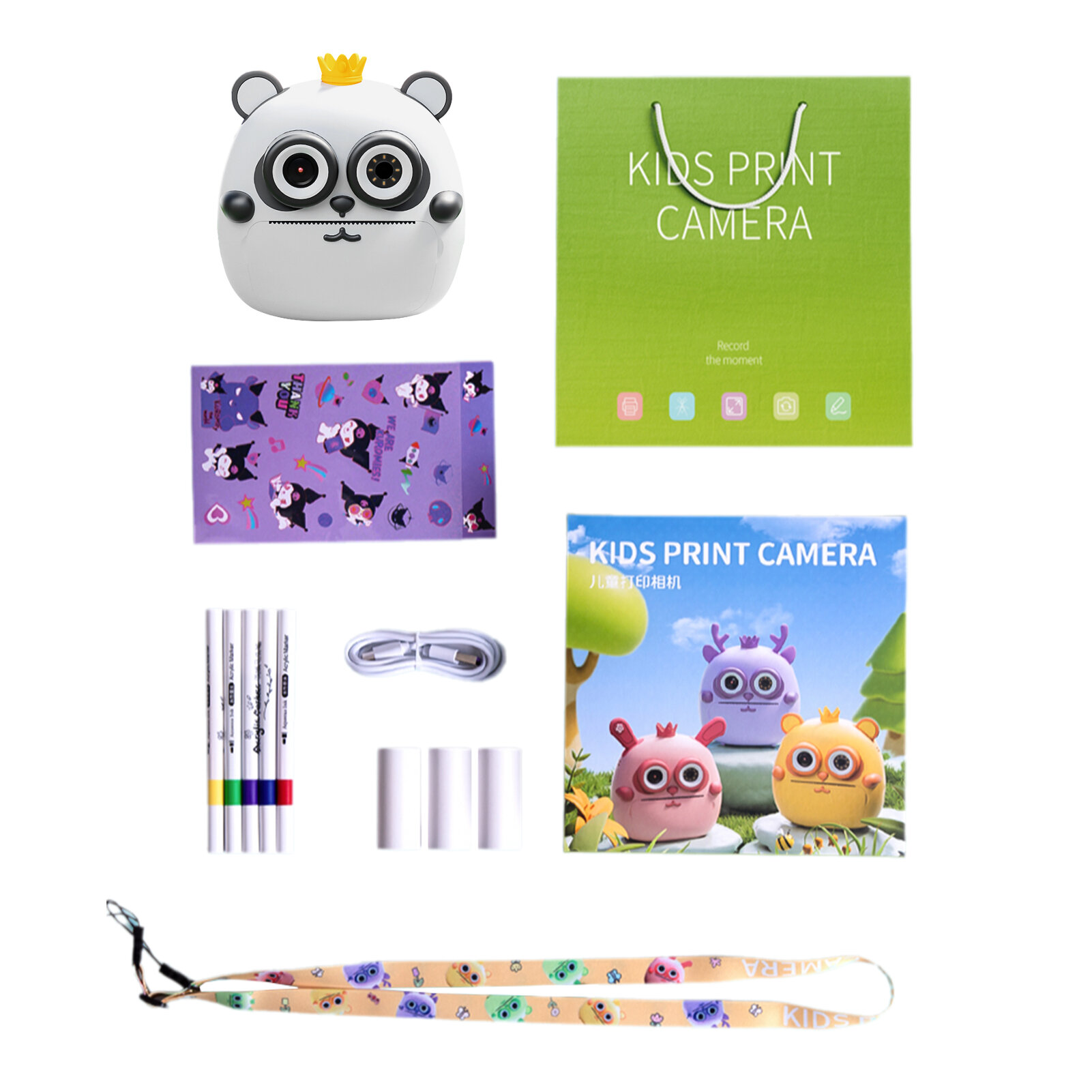Детская мгновенная печать камера макрофотография 1080p Видео цифровой камера для детей в возрасте 3-8 малышей для мальчиков для мальчиков с 8 ГБ карты 3 Rolls Print Print Paper Белый