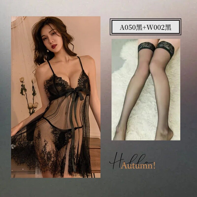 Платье-камисоль с цветочным кружевом, прозрачное, не нужно снимать, облегающее, соблазнительное домашнее платье, однослойное кружевное ночное платье больших размеров A050 черного цвета