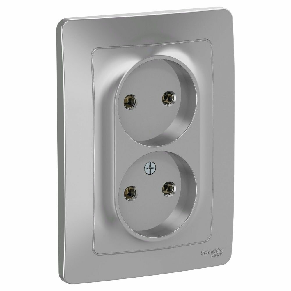 Розетка с рамкой Schneider Electric без заземляющего контакта двойная встроенный монтаж без шторок пластмасса алюминий