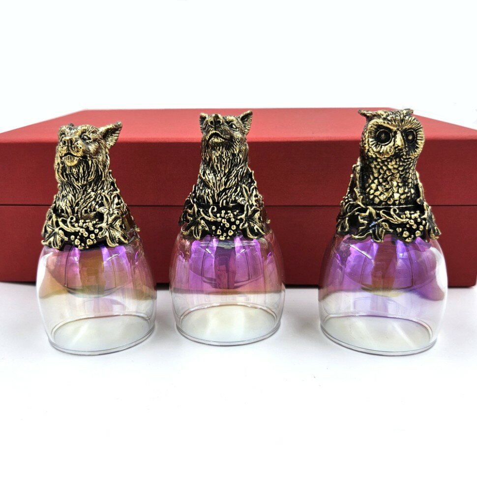 Набор из трех рюмок-перевертышей "Животные" из стекла и бронзы (50 мл)