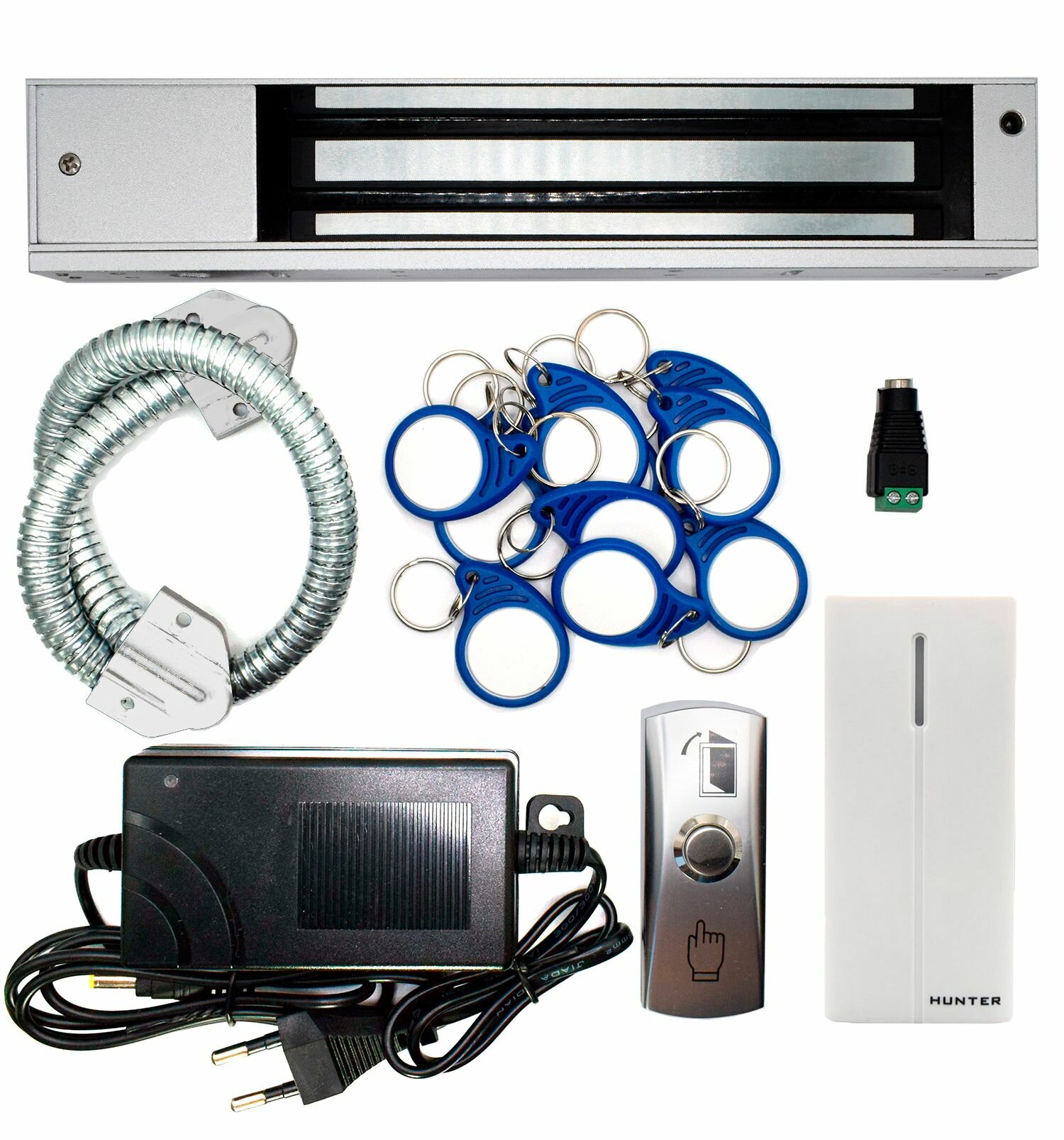 Комплект №20 контроля доступа (СКУД) с электромагнитным замком (до 280 кг), кнопкой выхода, считывателем с контроллером, БП, гибким переходом и 10 брелков на 1 дверь