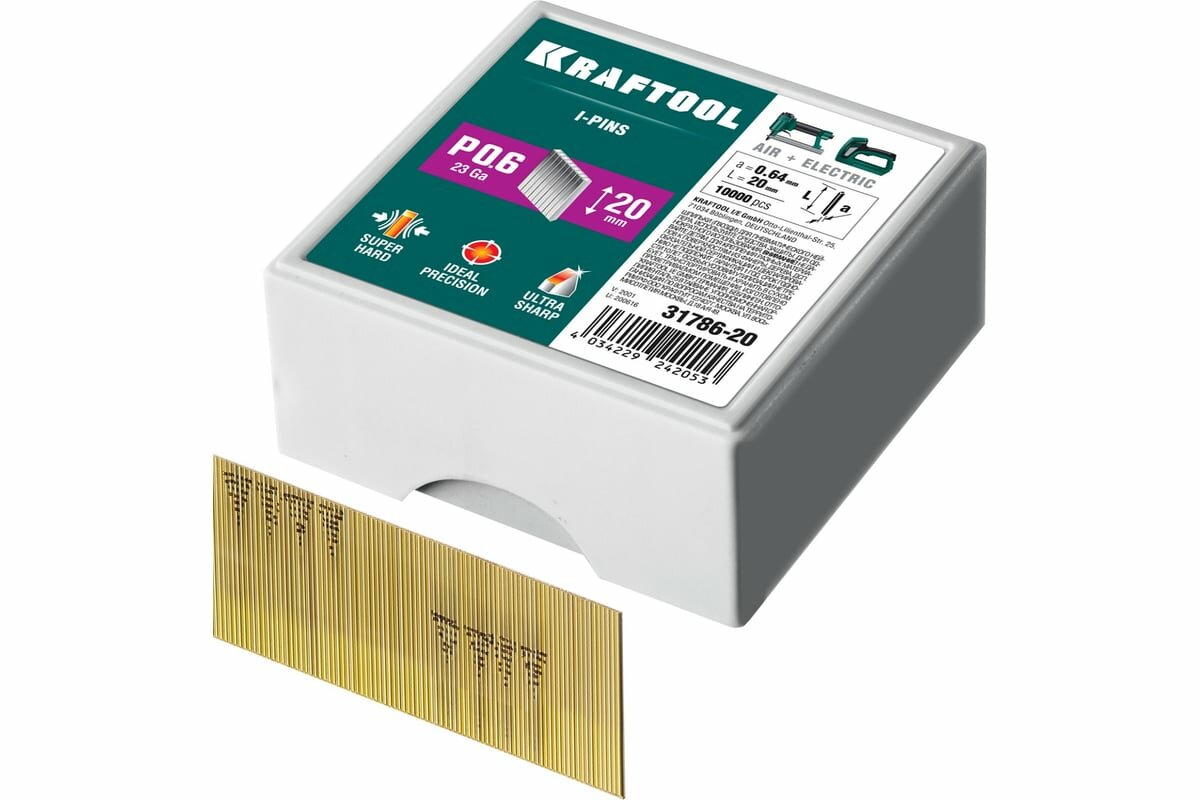 KRAFTOOL шпильки для нейлера 23GA (P0.6) 20 мм, 10 000 шт, 31786-20