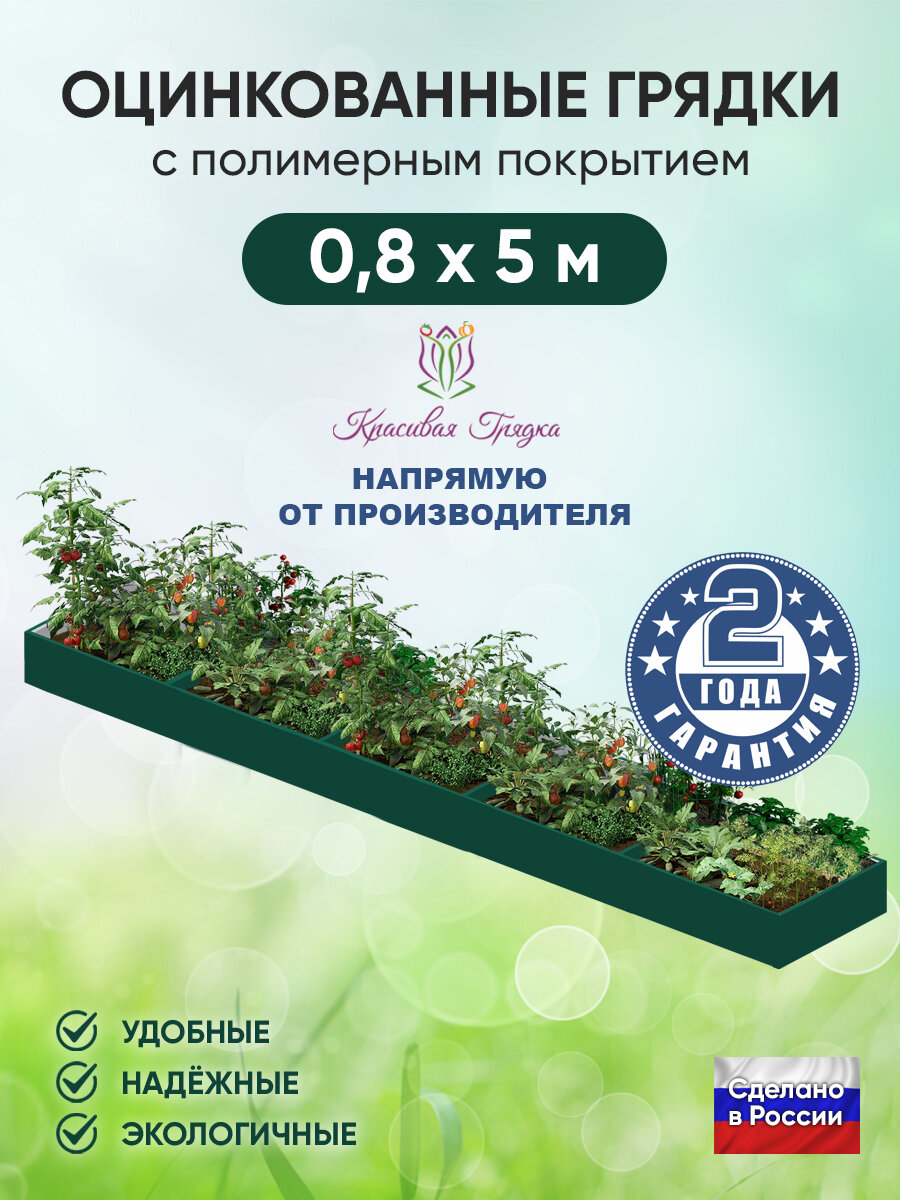 Грядка оцинкованная "Красивая грядка", с полимерным покрытием для сада и дачи , 0,8 х 5 м. ( зеленая )