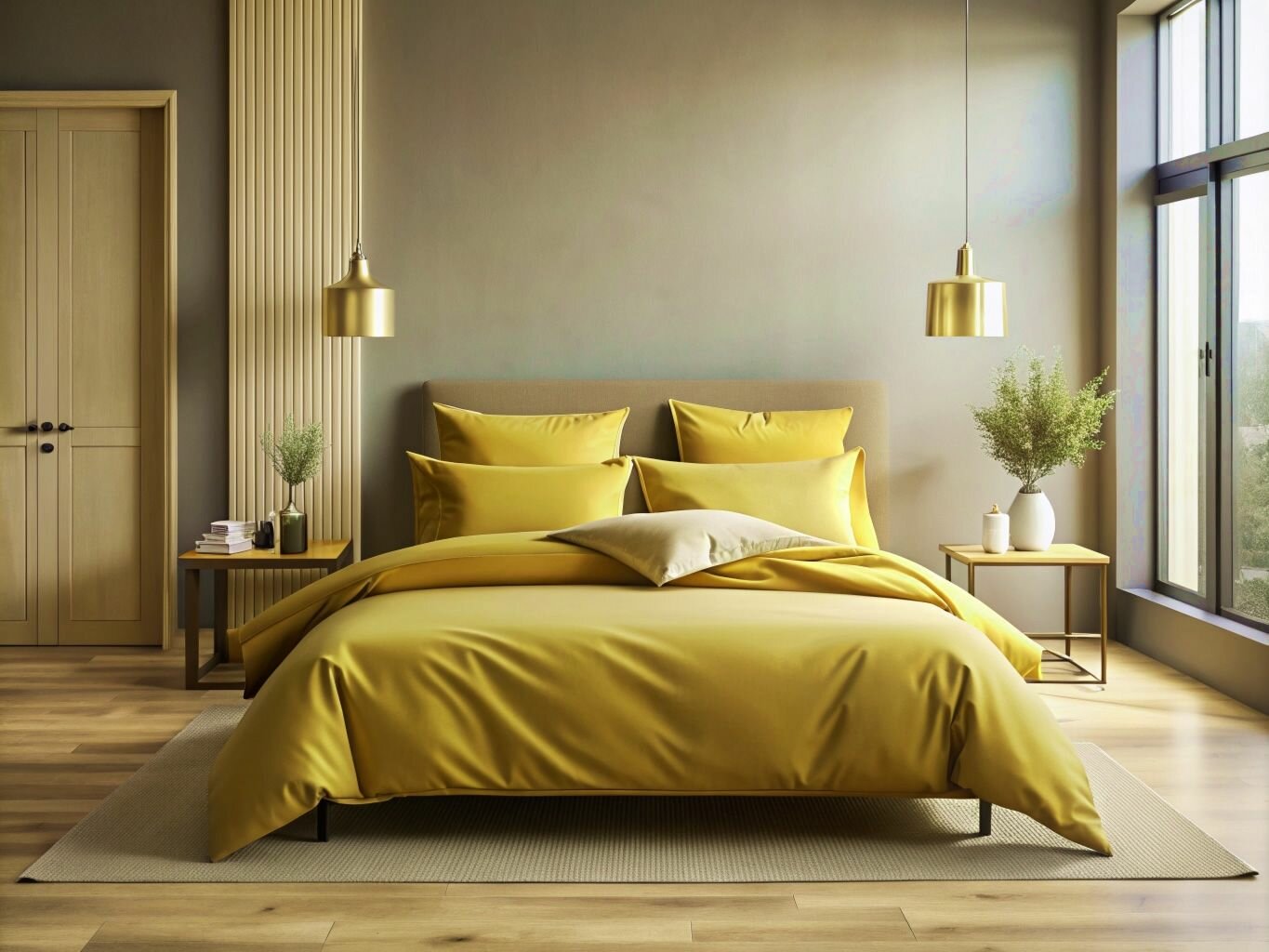 Постельное бельё тенсель Евро - М - Горчица с наволочками 50х70