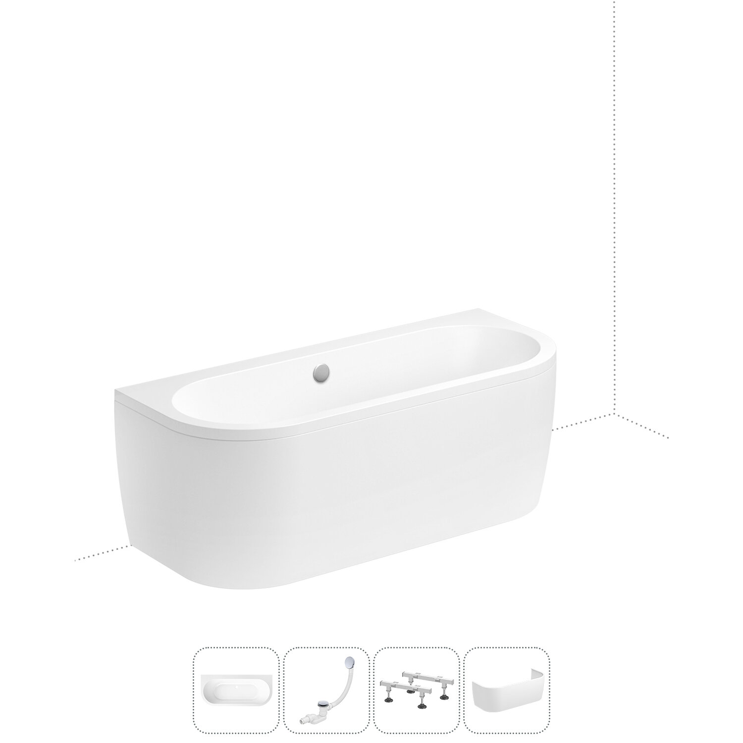 Пристенная ванна акриловая 170x75 Lavinia Boho Art 202011091 в наборе 4 в 1: полукруглая ванна 170 x 75 см, слив-перелив, ножки, экран