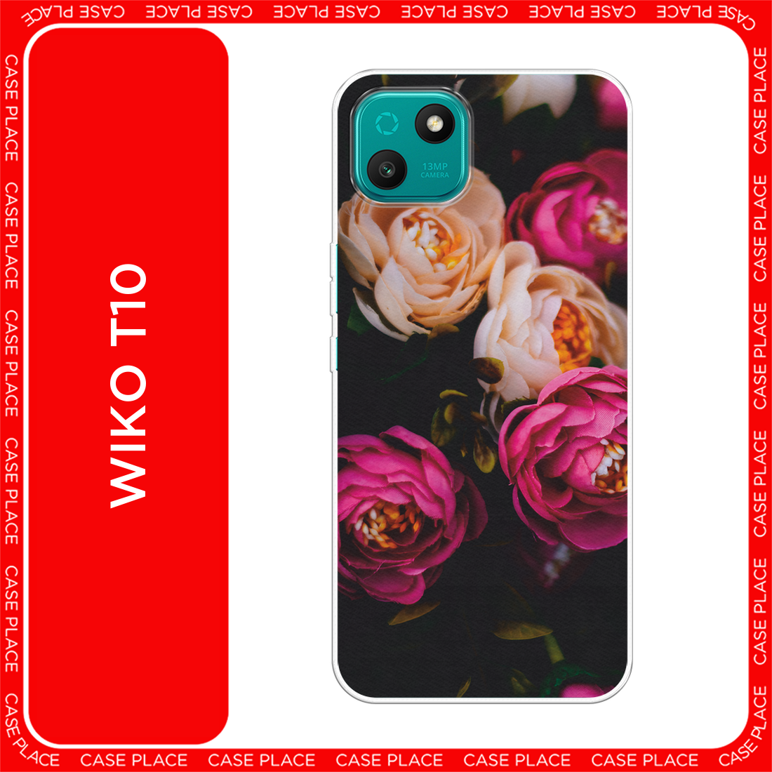 Чехол на Wiko T10 / Вико Т10 с принтом Розовые пионы на черном