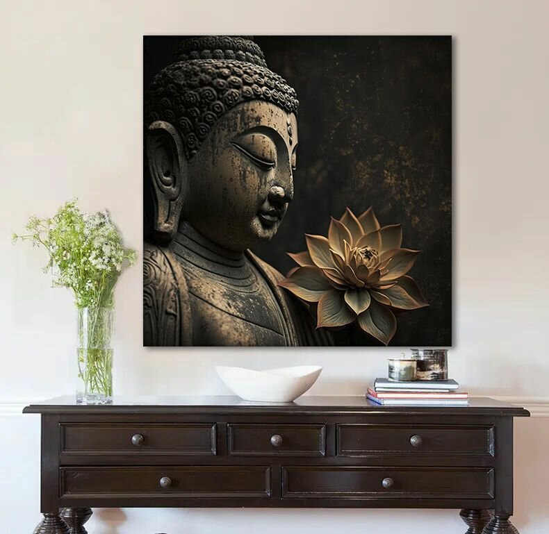 Картина ВсеКартины. Тут "Будда", 60x60 см, на холсте, на подрамнике, дерево, крепление "крокодил"