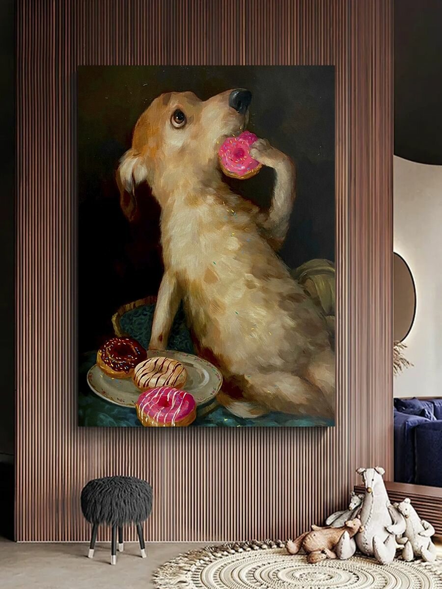 Картина милые песики, собачка с пончиком, 20х30 см.