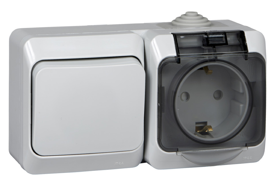 Блок Systeme Electric / Систем Электрик Этюд розетка и выключатель одноклавишный, с крышкой, из термопласта серый, 250В, 10/16А IP44, размером 79х54.8мм / электрика
