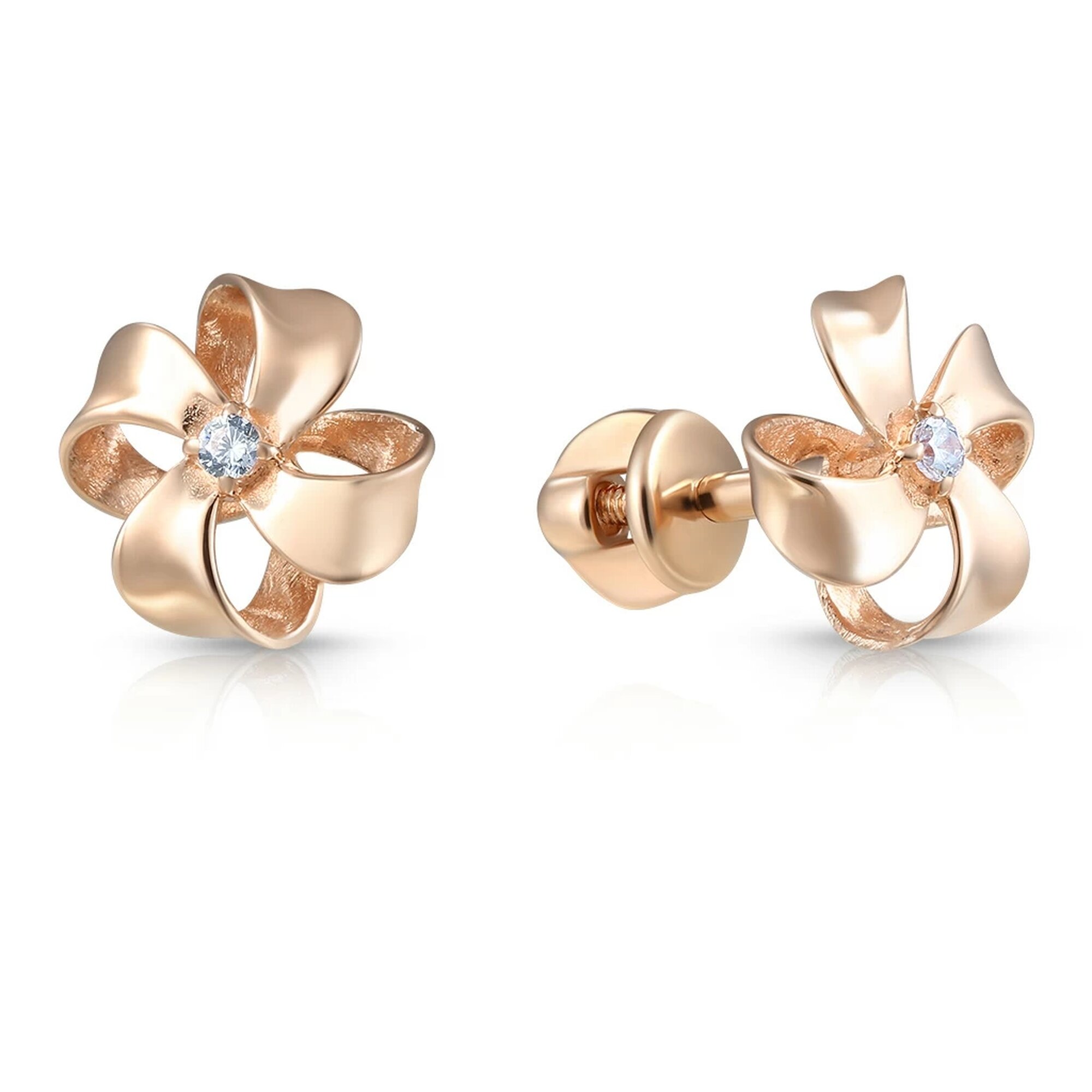 Серьги пусеты, красное золото, 585 проба, фианит