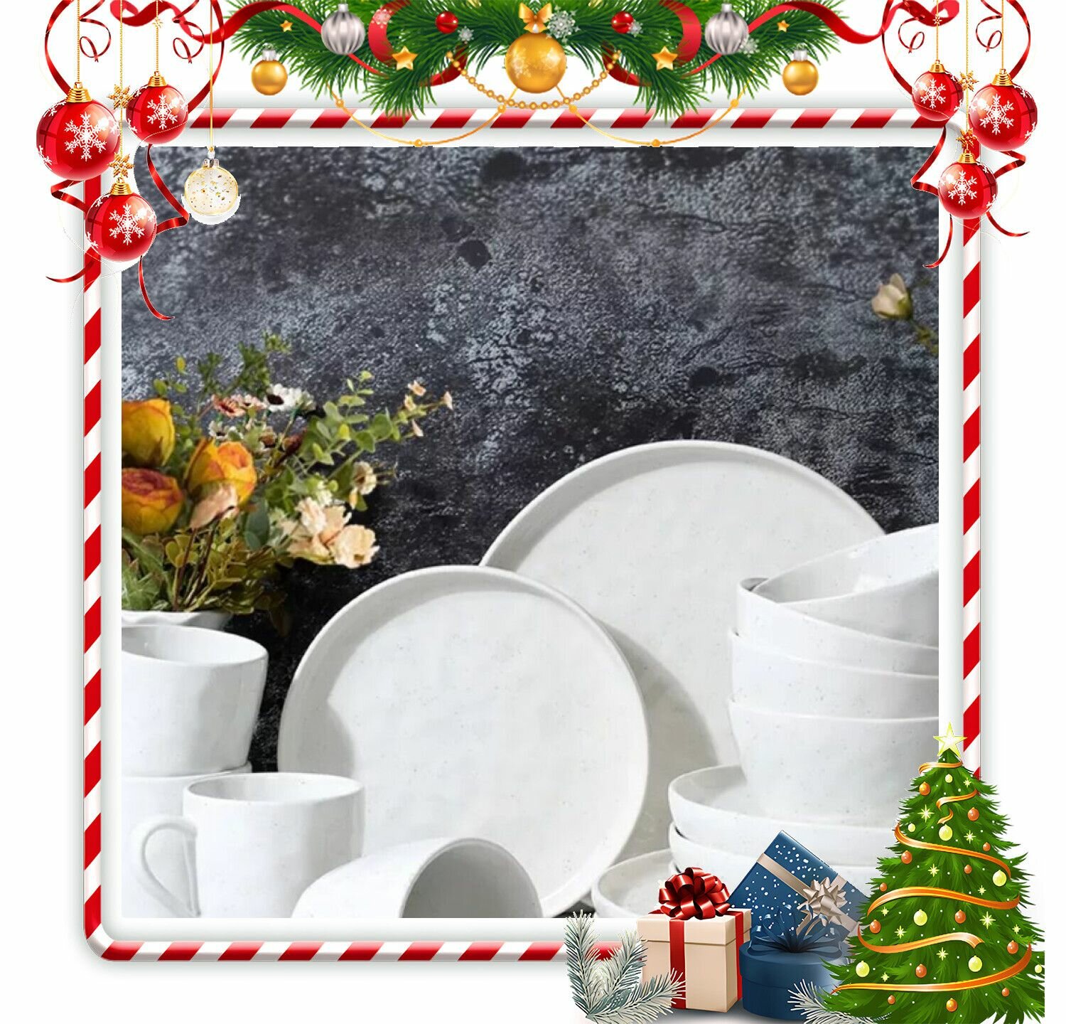 Набор Посуды. Современный Керамический Обеденный Столовый Сервиз Для 4 Персон Из 16 Предметов. Тарелки, Салатники, Суповые Пиалы. Для Первых, Вторых Блюд, Салатов и Десертов.