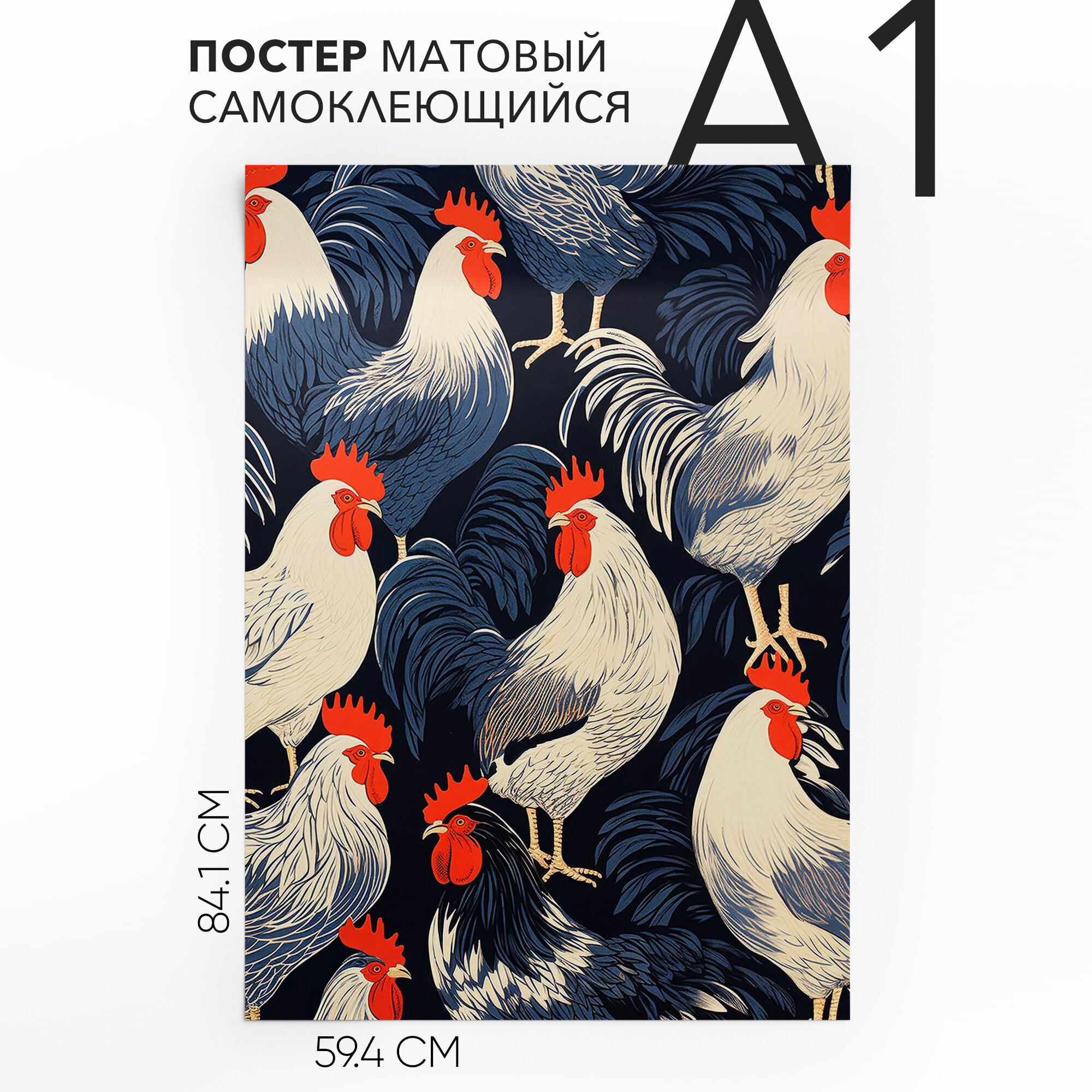 Постеры эстетичные самоклеящийся, большой A1 Петухи, влагостойкий, для декора