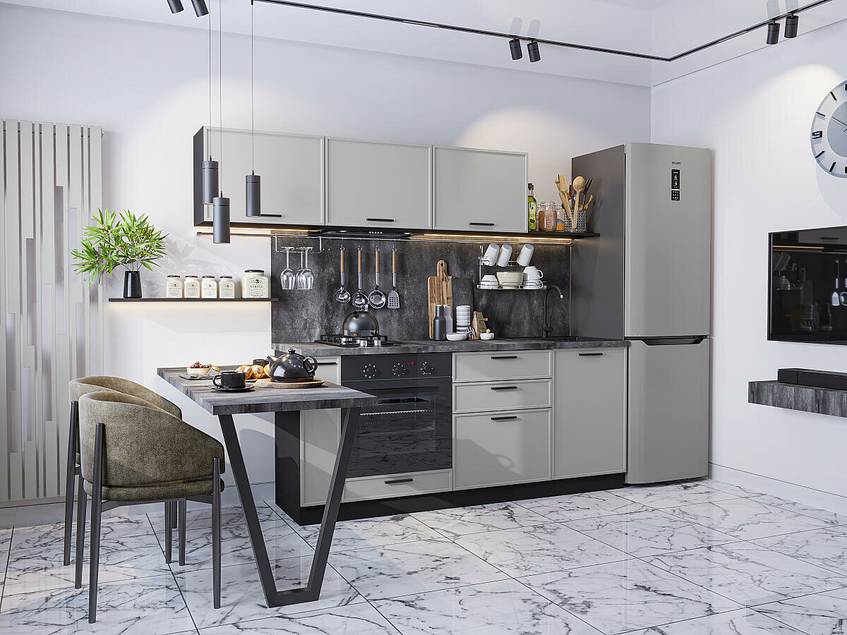 Кухня Фрейм-01, цвет фасада Grey Silk, цвет каркаса Graphite, 1782*2300*600 мм