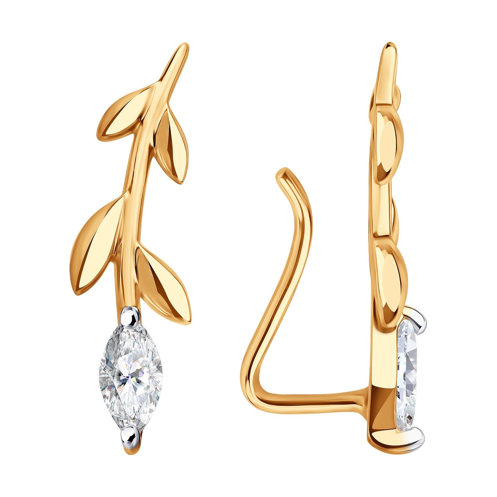 Серьги клаймберы, красное золото, 585 проба, фианит