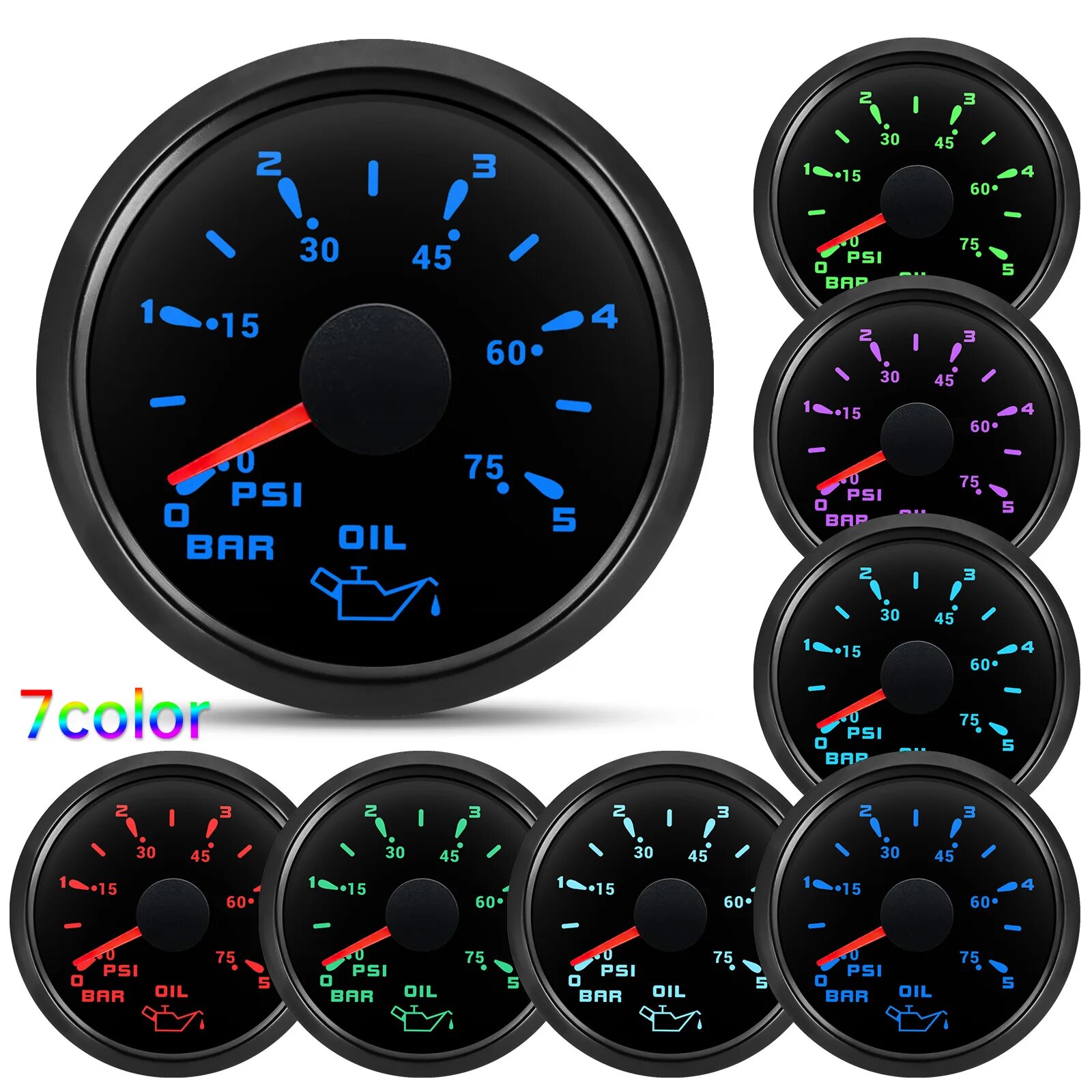 7 цветов подсветки 0-5 бар 52 мм манометр масла 0-75PSI измеритель давления масла для авто морской пехоты 12 В 24 В водонепроницаемый индикатор black
