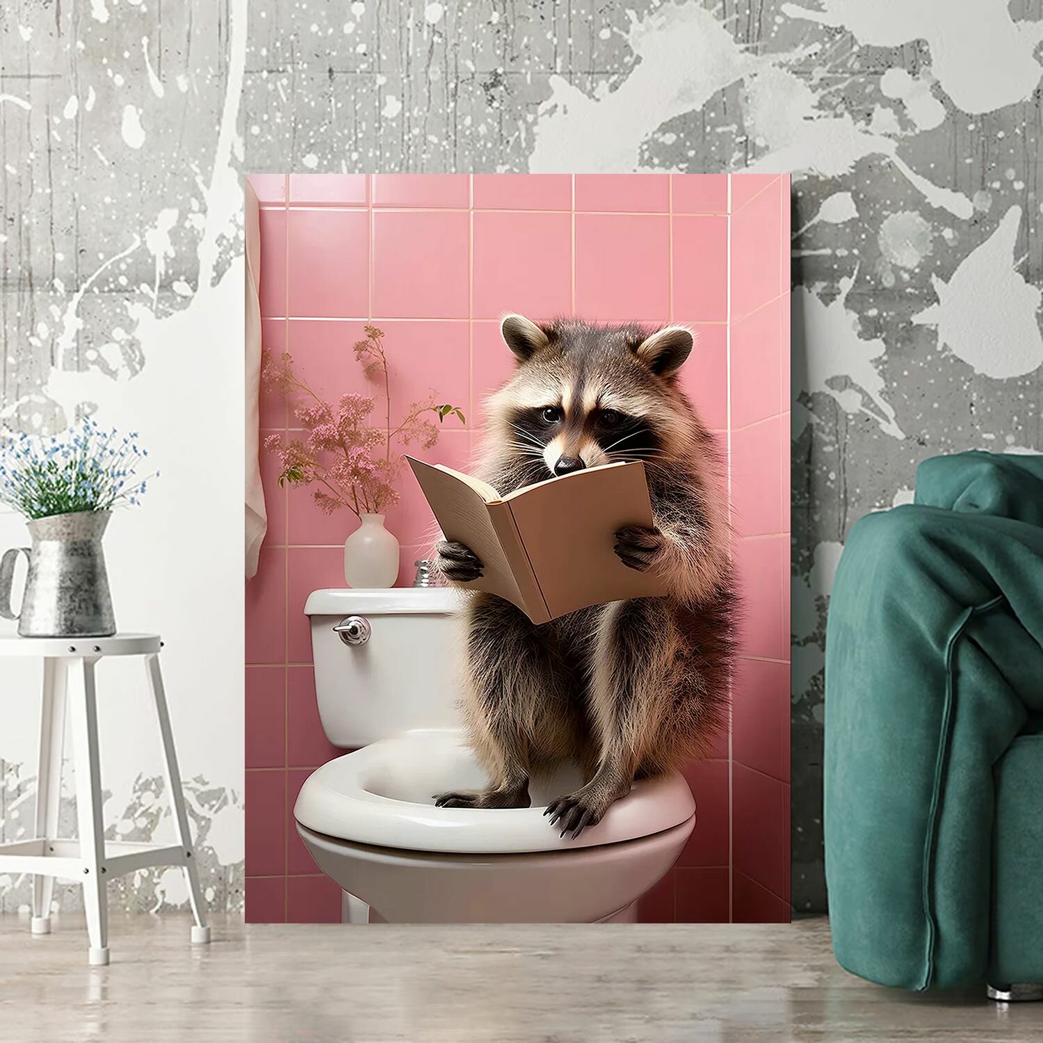 Картина в туалет, ванную комнату Енот читает газету, 20х30 см.