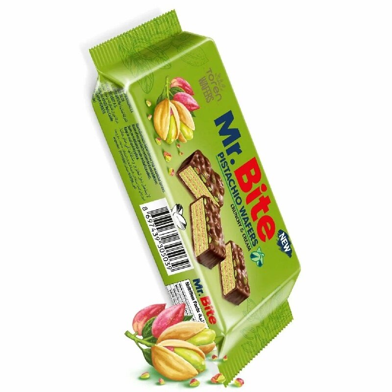Вафли TOREN Mr.Bite в шоколадной глазури из молочного шоколада с фисташковой начинкой 32г
