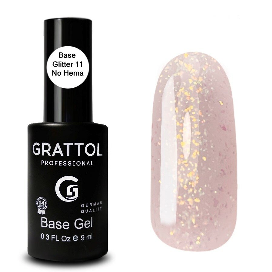 Grattol Rubber Base Glitter NO HEMA 11 - База камуфлирующая c глиттером, 9 ml