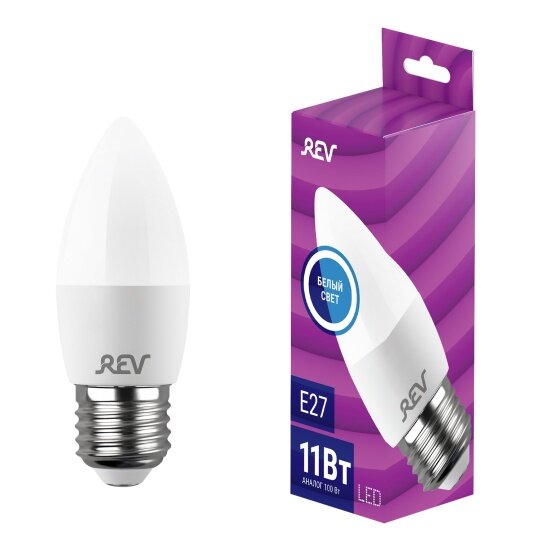 Лампочка светодиодная Rev свеча, C37, 11Вт, E27, 4000K, 880Лм, 32525 3