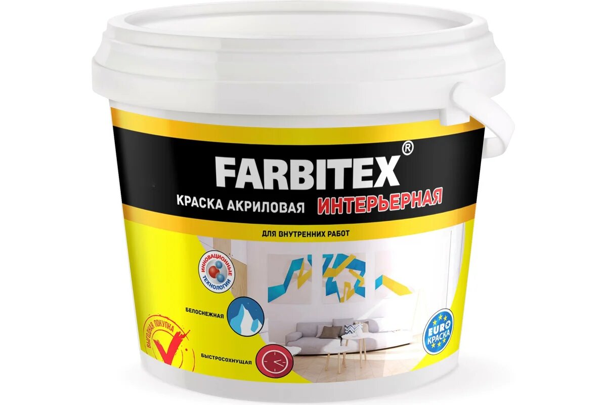 Краска интерьерная Farbitex, акриловая, матовая, 6 кг/3,64 л, белая