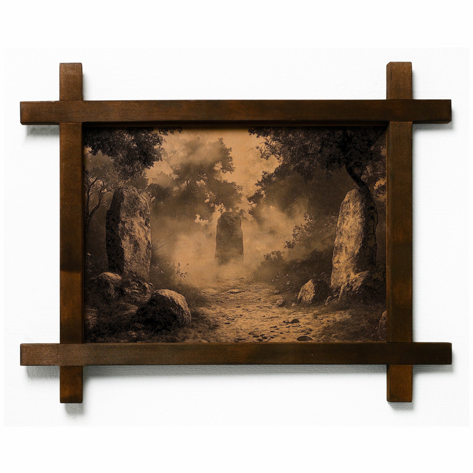 Картина интерьерная, натуральная кожа, "Кельтский лес с магическим камнем", в деревянной раме, BoomGift