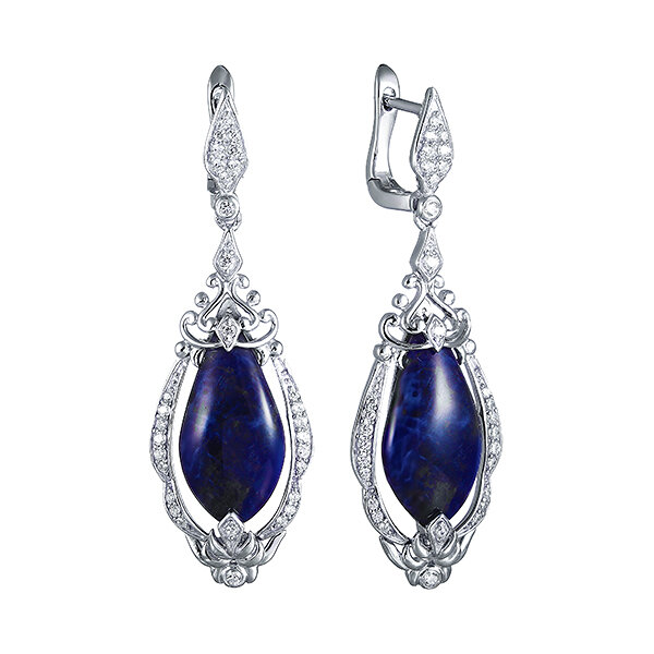 Серьги, серебро, 925 проба, родирование, фианит, содалит