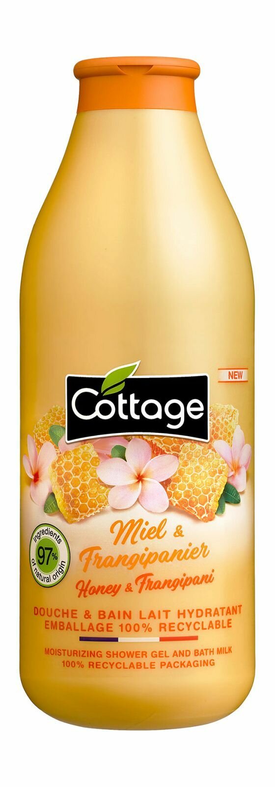 Гель для душа COTTAGE и пена для ванны увлажняющая 2 в 1, Мёд и Франжипани, 750 мл