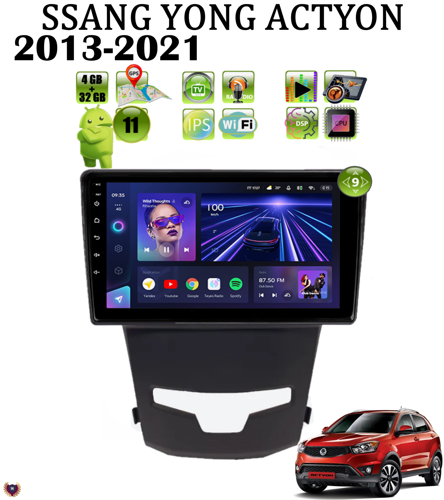 Автомагнитола для Ssang Yong Actyon (2013-2021), Android 11, 4/32 GB, Bluetooth, WiFi, CarPlay, GPS, FM, TV, сенсорные кнопки, разделение экрана, поддержка кнопок на руле