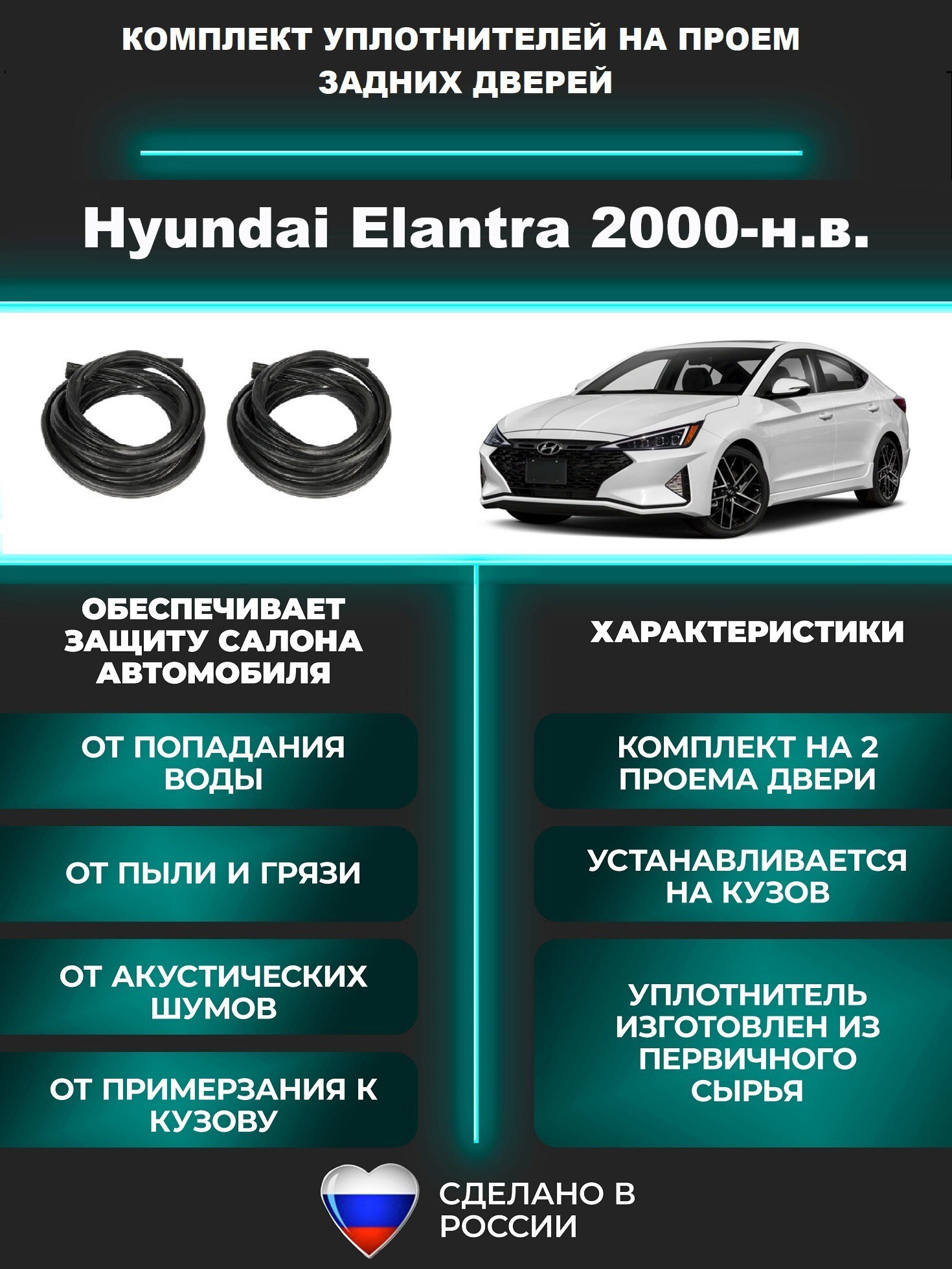 Комплект уплотнителей проема задних дверей для Hyundai Elantra 2000-н. в, Хендай Элантра - 2 штуки