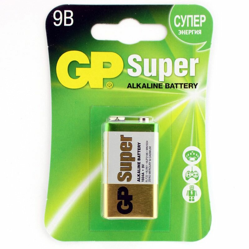 Батарейка крона (2шт) GP 6LF22 (6LR61) Super Alkaline 9В щелочная(алкалиновая)(бл1)