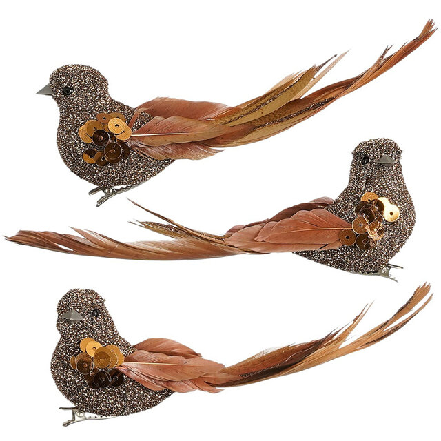 Елочная игрушка Птичка Артемида 12 см коричневая, 3 шт, клипса, Edelman, 1163481