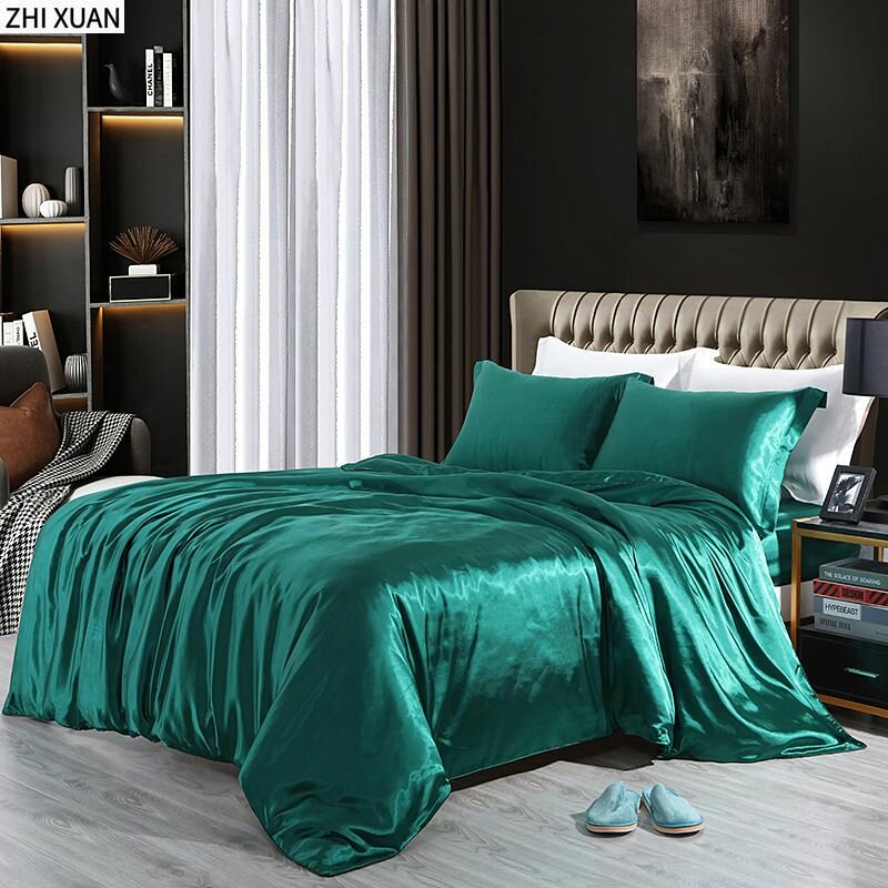 Постельное белье ZHIXUAN, шелк, 1-спальная, комплект из 4 предметов, темно-зеленое