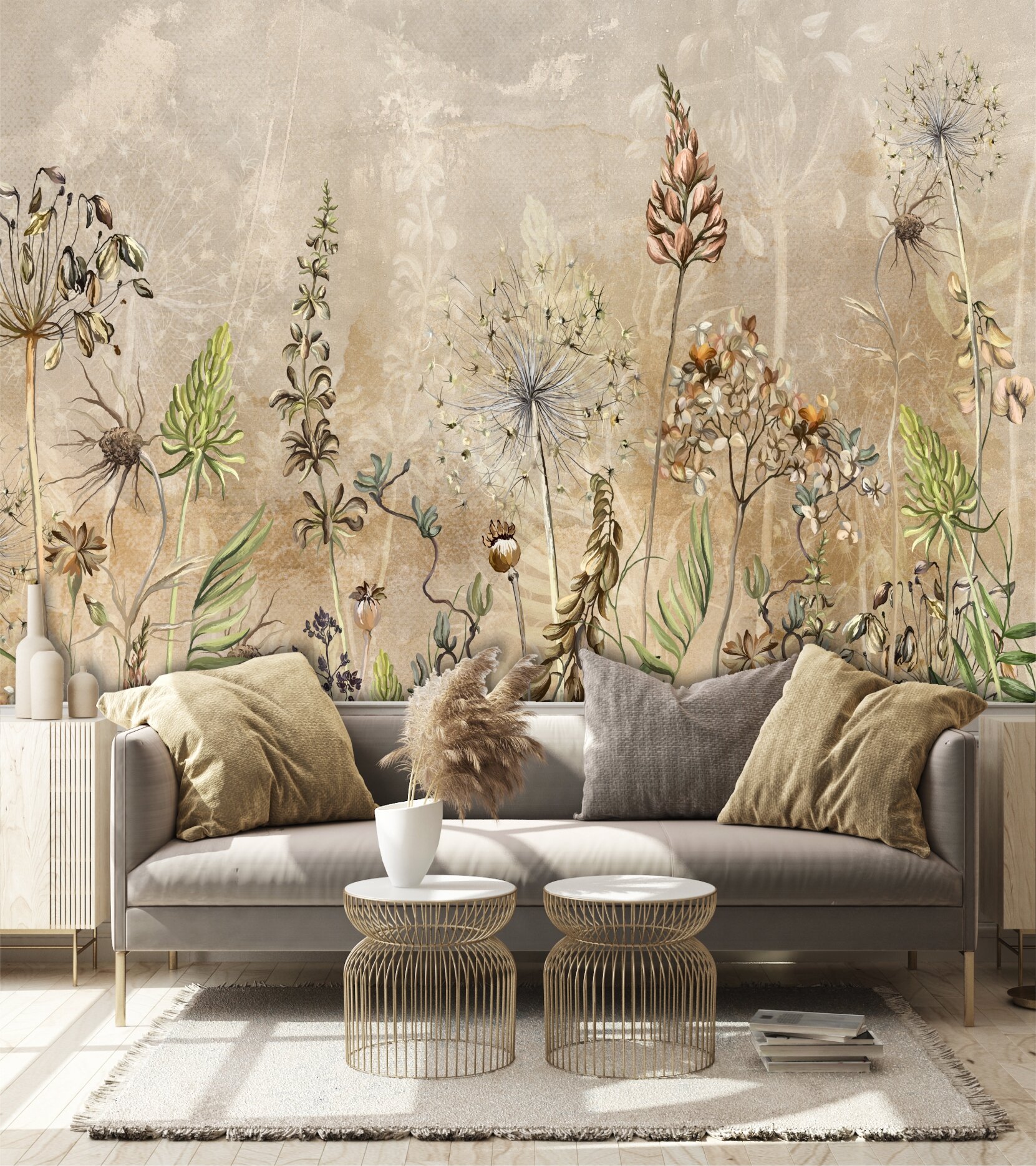Фотообои "Полевые цветы и травы на бежевом фоне" 300х270 см. /Молодежные фотообои ботаника в спальню, гостиную