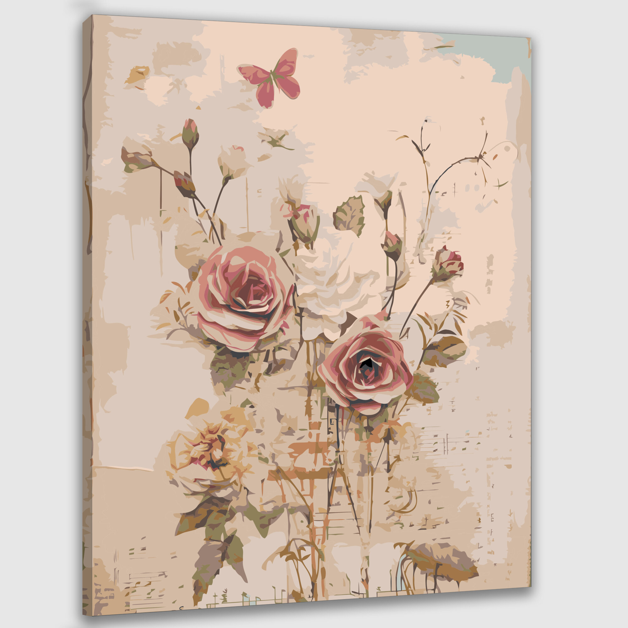 Картина по номерам 40x50 см, коллаж, старинные письма, прессованные цветы, иллюстрации, цветущие розы, виноградные лозы