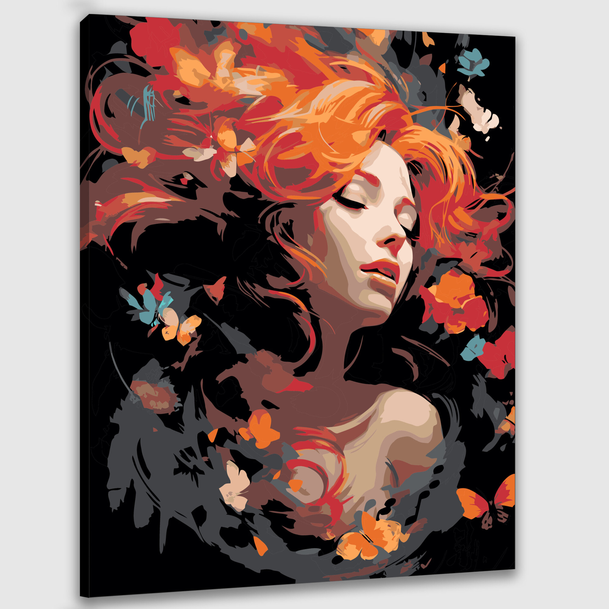 Картина по номерам 40x50 см, девушка, огненно-рыжие волосы, музыкальные ноты, яркие цветы, сияющие глаза, страсть