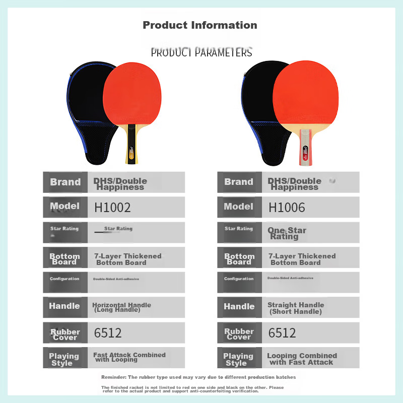 DHS (Double Happiness) Table Tennis Racket, One-Star Straight Handle, Double-Sided Reverse Rubber, H1006, Single Racket, Table Tennis Paddle with Racket Case + Table Tennis Balls