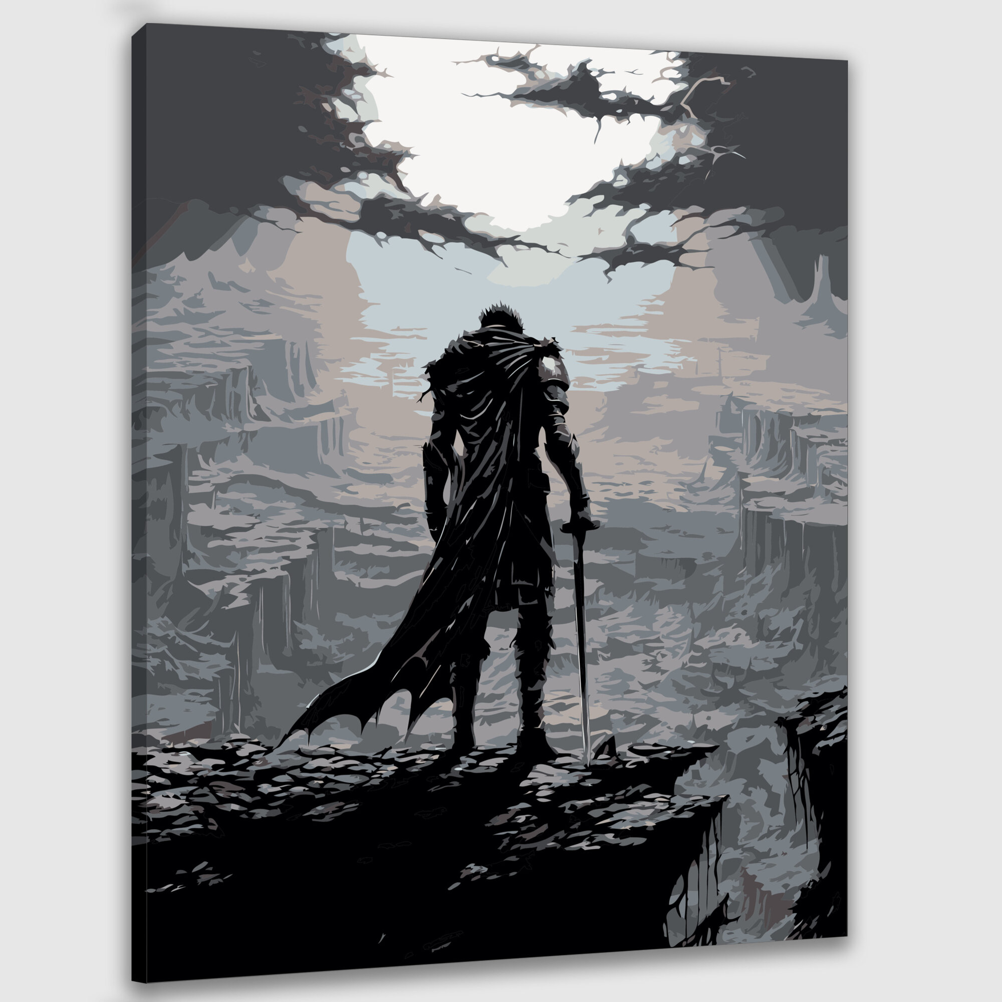 Картина по номерам 40x50 см, черно-белый рисунок, тушь, фильм "Берсерк: Путь разд, главный герой, воин, свет