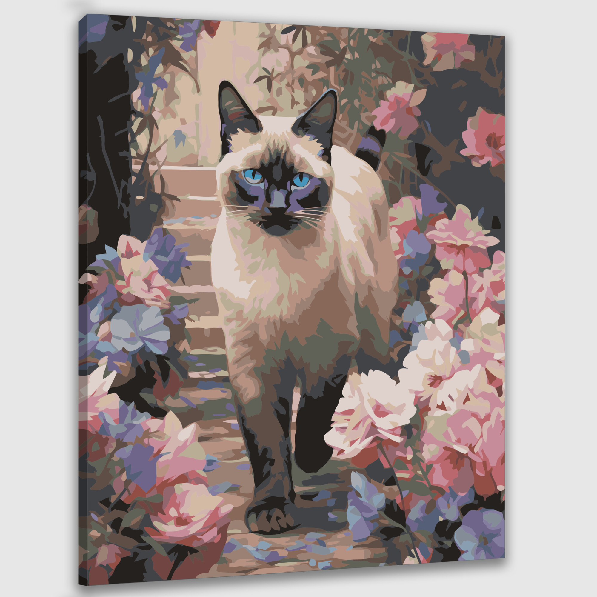 Картина по номерам 40x50 см, картина маслом, сиамская кошка, грация, элегантность, прогулка, живописный сад, город