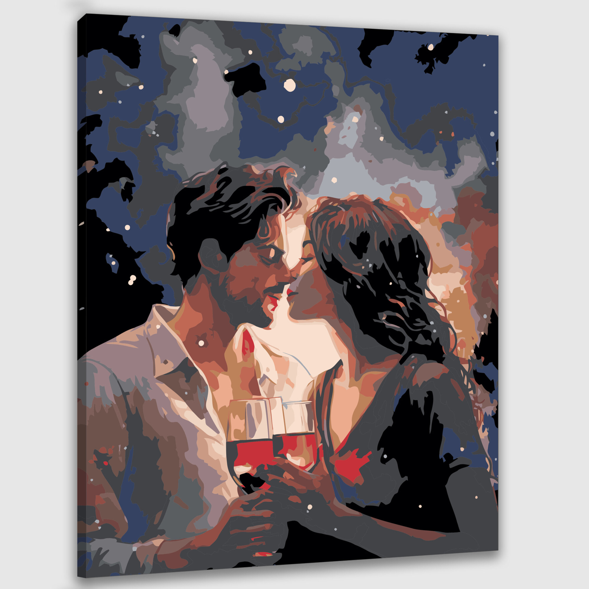 Картина по номерам 40x50 см, пара, целующаяся, звездное небо, бокалы, красное вино, яркие цвета, свободные мазки